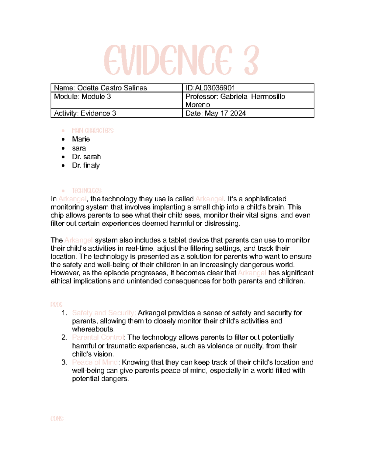 Evidence 3 - Evidence 3 Name: Odette Castro Salinas ID:AL0 3036901 ...
