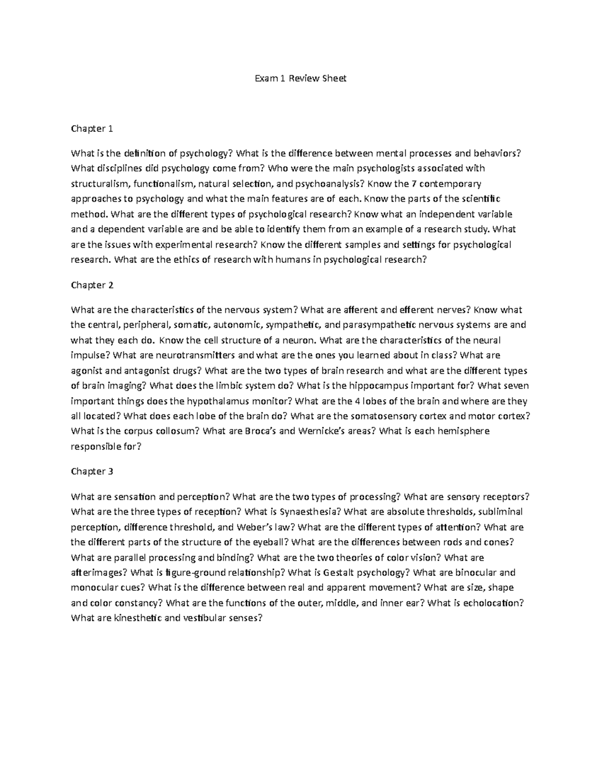 Psych 101 - Exam 1 Review Sheet - Exam 1 Review Sheet Chapter 1 What is ...