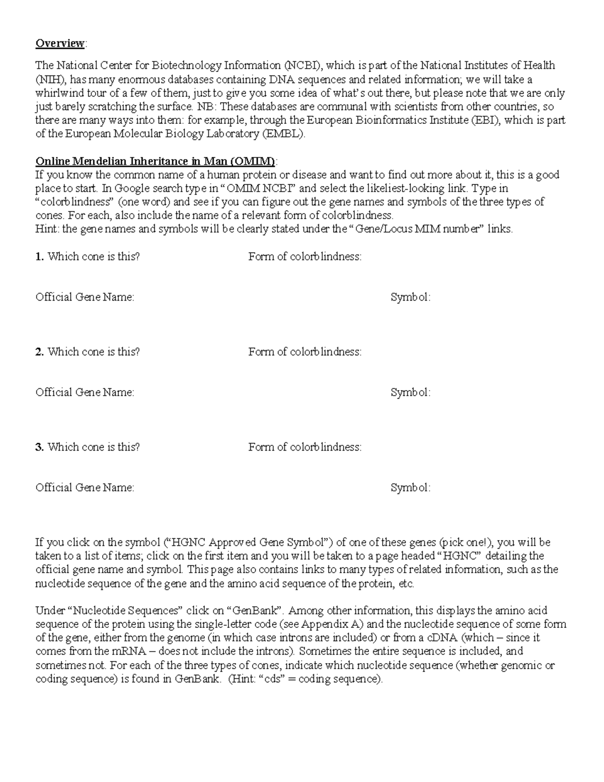 Dna Decoding Exercise This Is An Assignment Overview The National Center For Biotechnology