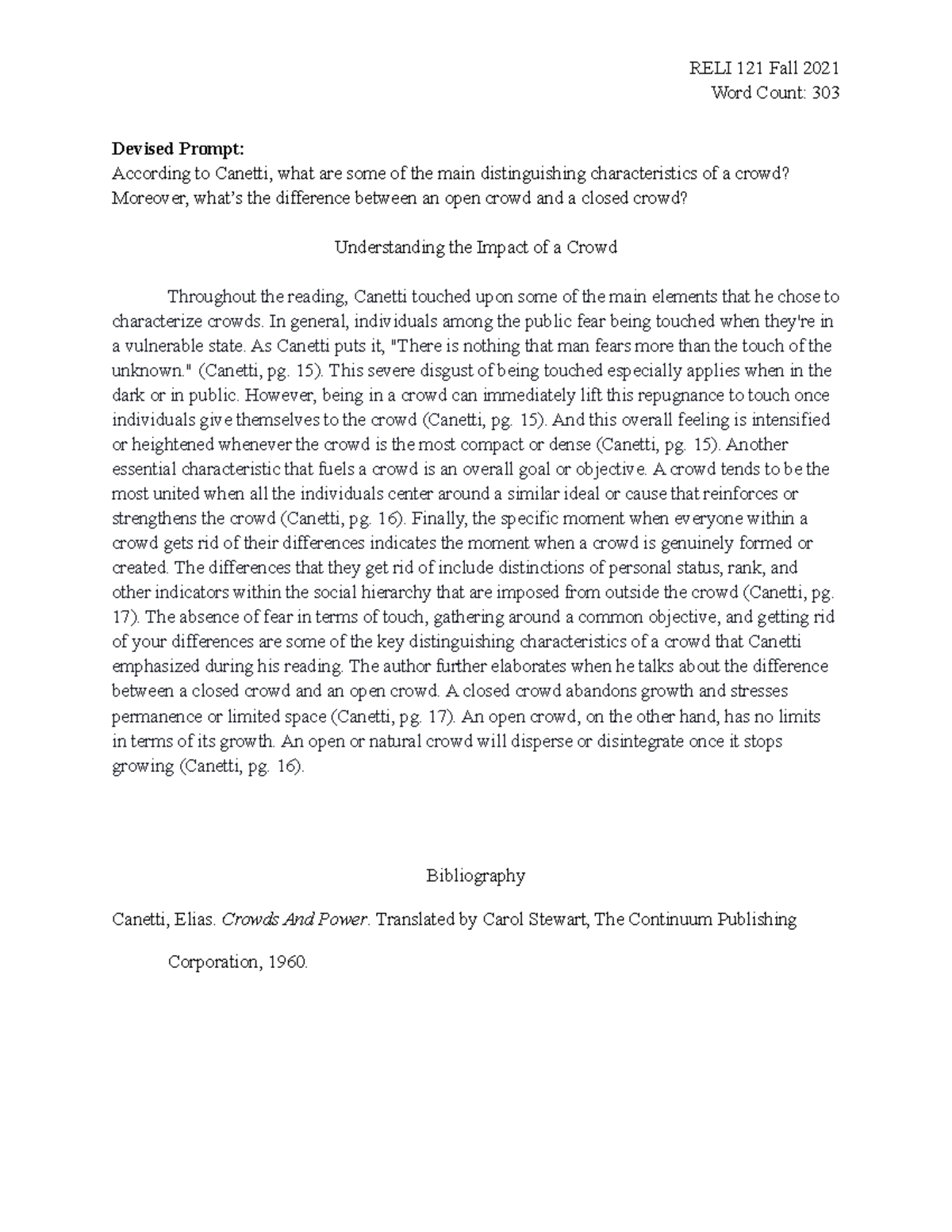 Week 11 Recitation Paper - RELI 121 Fall 2021 Word Count: 303 Devised ...