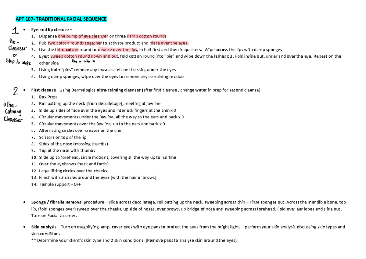 APT 107 Revised Detailed Facial Treatment Sequence - APT 107 ...