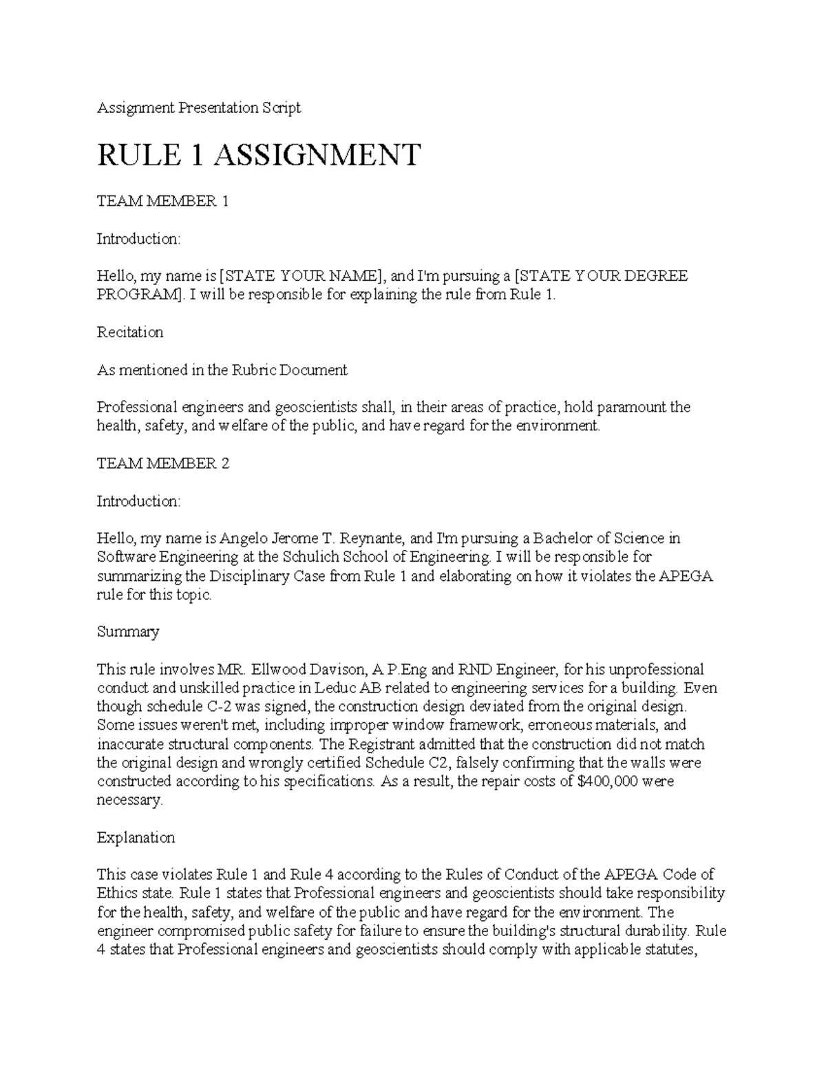 Rule 1 - Assignment - Assignment Presentation Script RULE 1 ASSIGNMENT TEAM MEMBER 1 ...