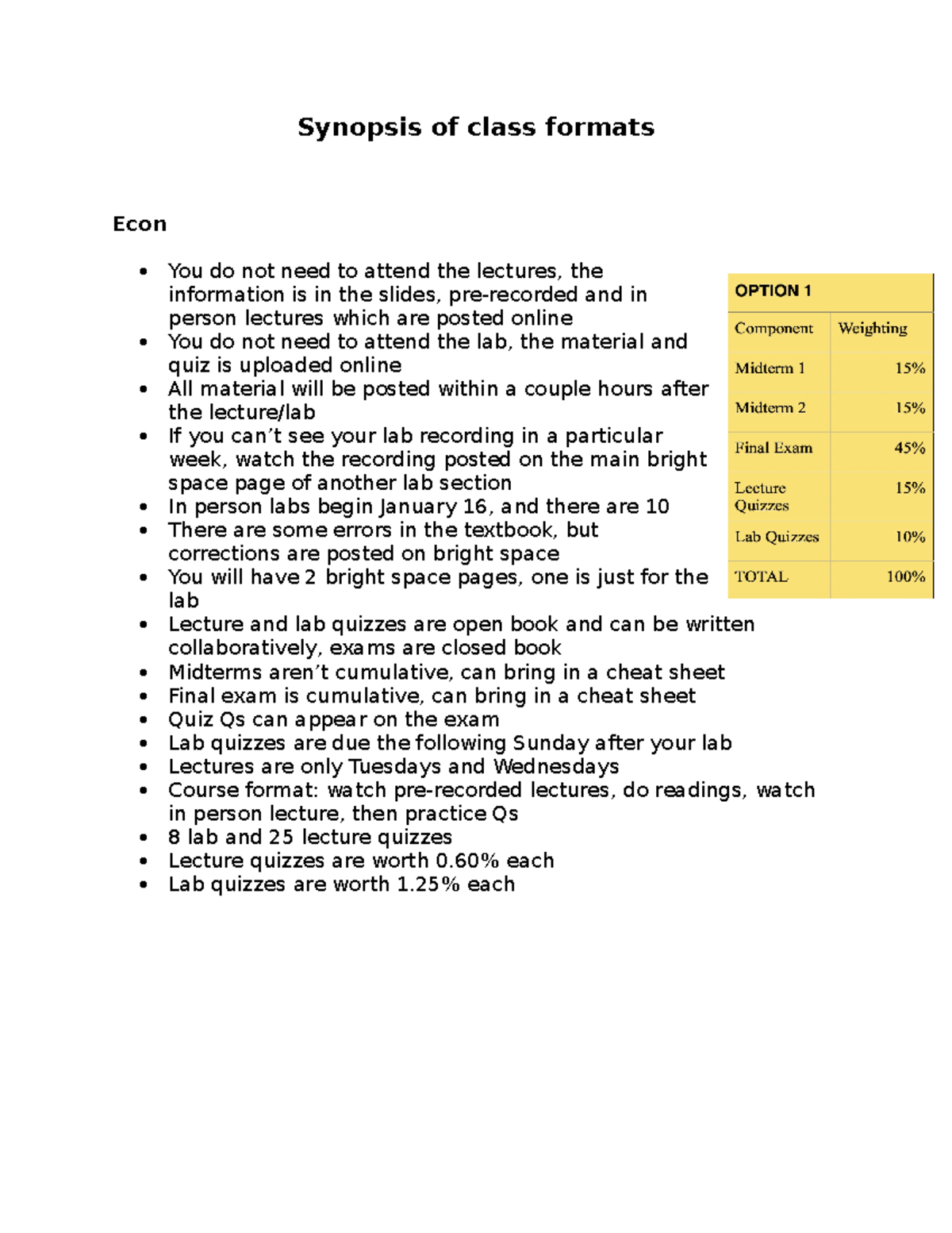 Sylabus Notes - Synopsis of class formats Econ You do not need to ...