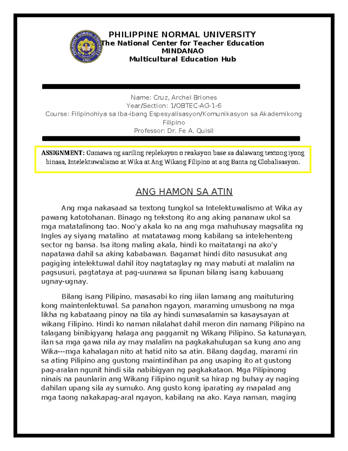 Reflection- Intel AT WIKA - PHILIPPINE NORMAL UNIVERSITY The National ...