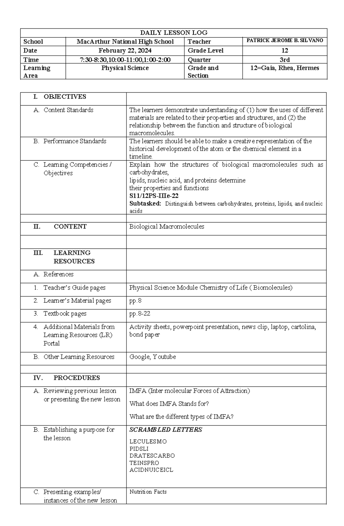FEB 22 LP - LESSON PLAN IN BIOLOGY - DAILY LESSON LOG School MacArthur National High School ...
