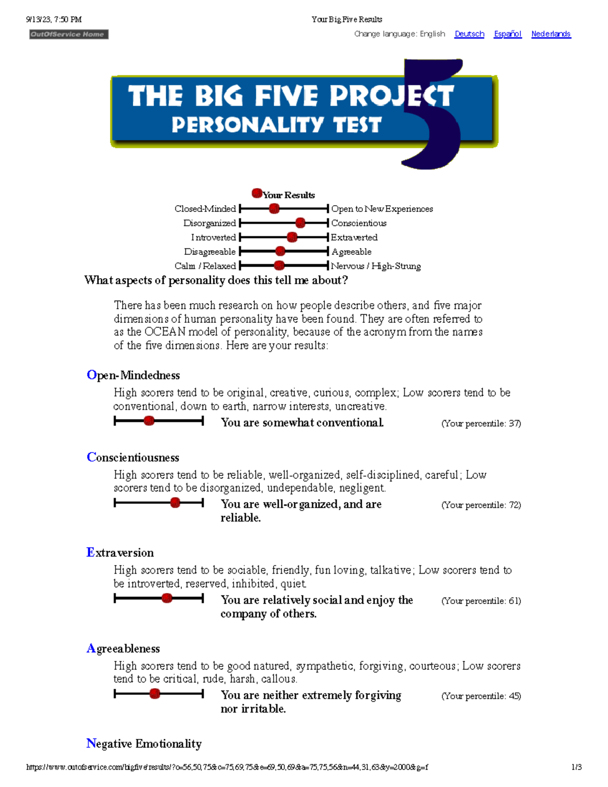 Your Big Five Results - bu288 - 9/13/23, 7:50 PM Your Big Five Results ...