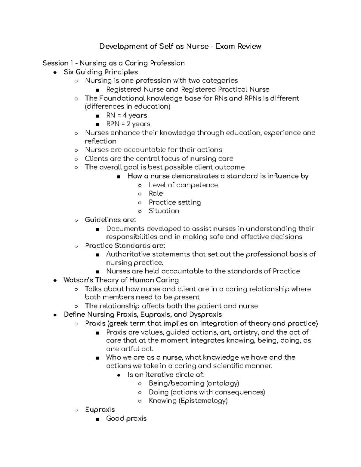 Copy of Development of Self as Nurse - Exam Review - First Year ...