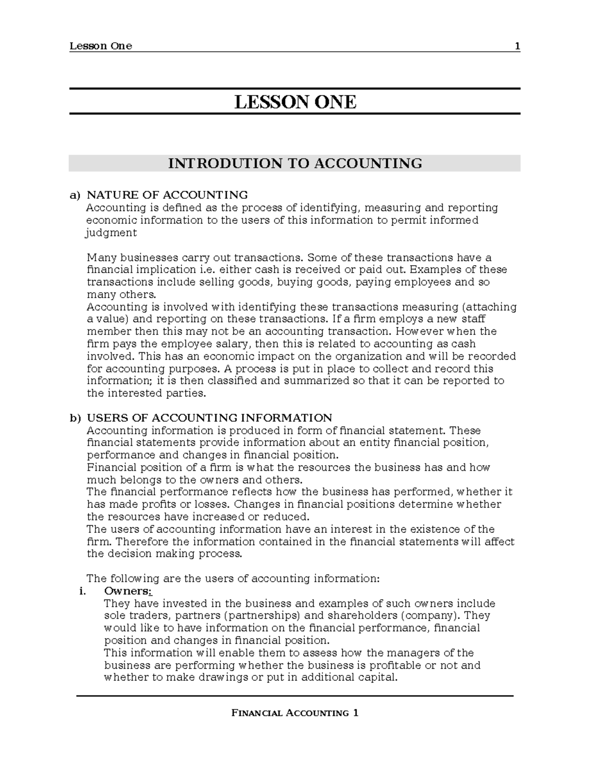 FA-1 Lesson 01 - AWESOME - LESSON ONE INTRODUTION TO ACCOUNTING a ...