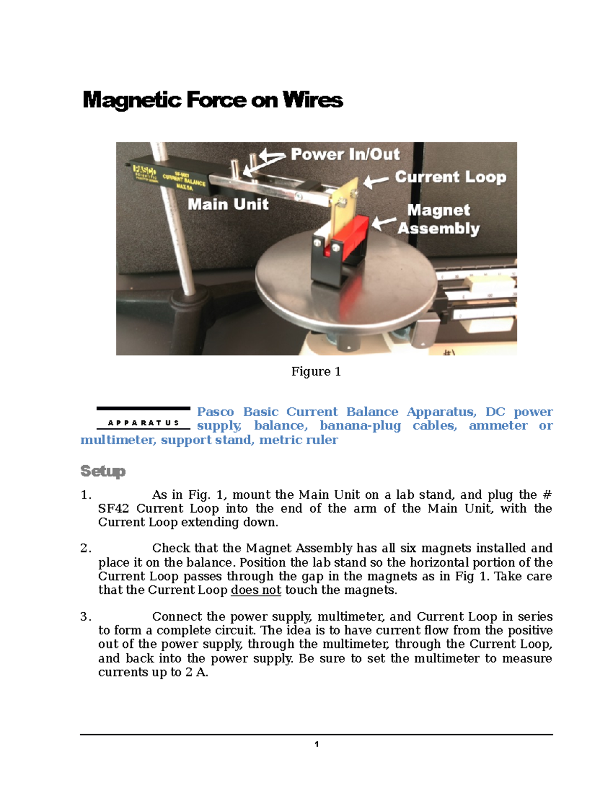Phy Magnetic Force on Wires - Magnetic Force on Wires Figure 1 Pasco ...