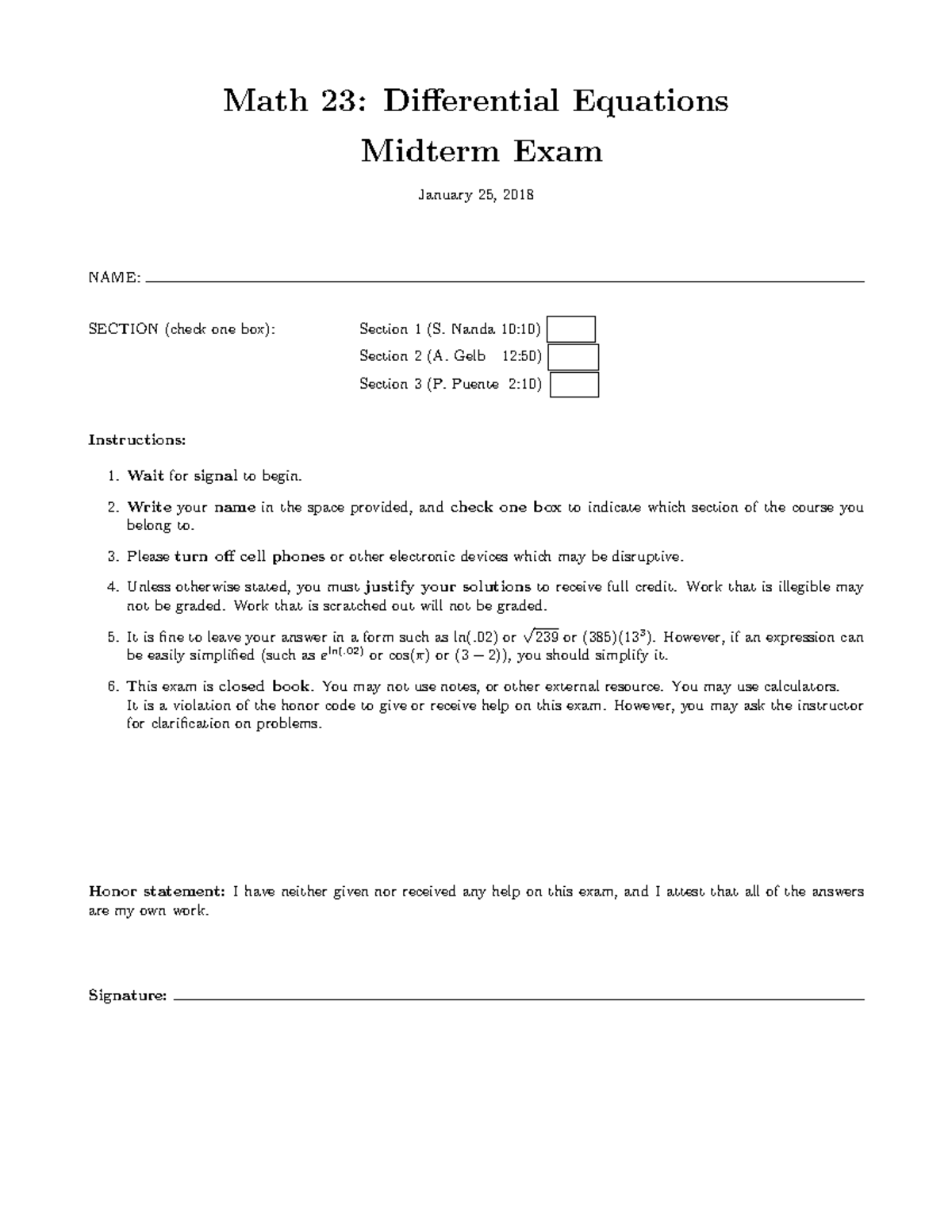 W23w18-midterm AG - Exam - Math 23: Differential Equations Midterm Exam ...