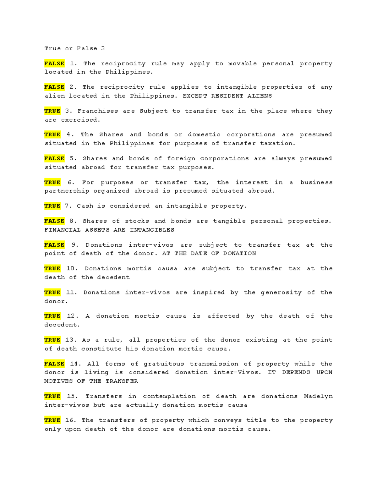 True or False Part 3- Taxation Chapter 12 - True or False 3 FALSE 1 ...