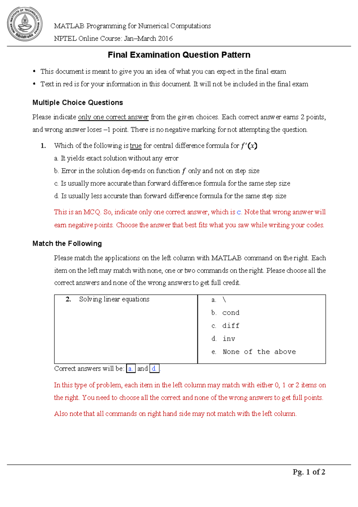 Final Exam Pattern - MATLAB Programming for Numerical Computations ...