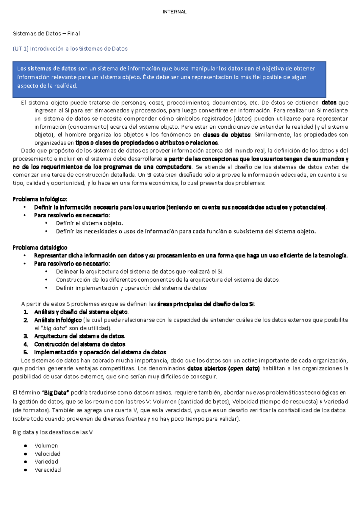 Resumen Clases 1er Parcial - Sistema de Datos - Sistemas de Datos – Final (UT 1) Introducción a ...