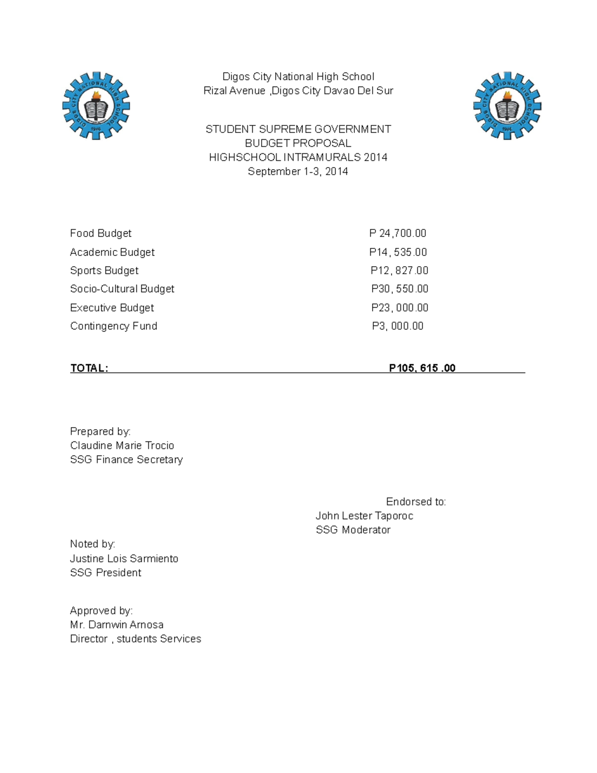 Budget plan - Rizal Avenue ,Digos City Davao Del Sur STUDENT SUPREME ...