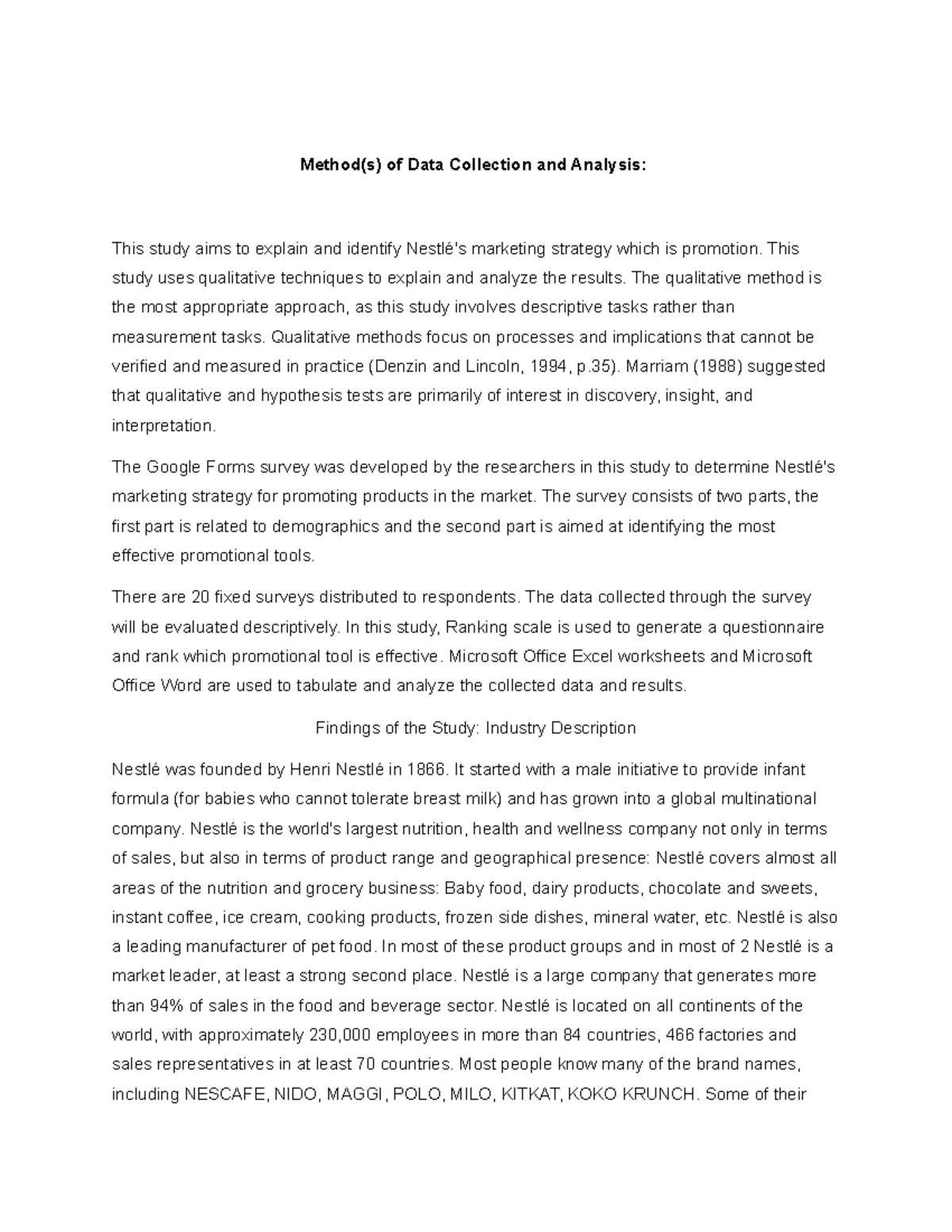 Research about nestle corporation - Method(s) of Data Collection and ...