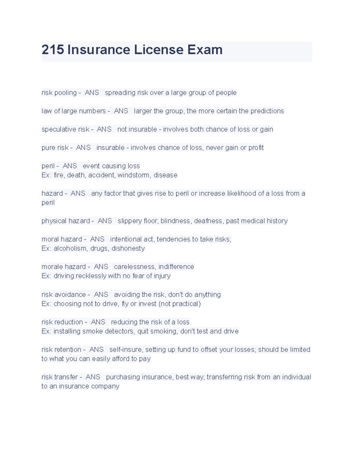 Untitled document (16) - 215 Insurance License Exam risk pooling - ANS ...