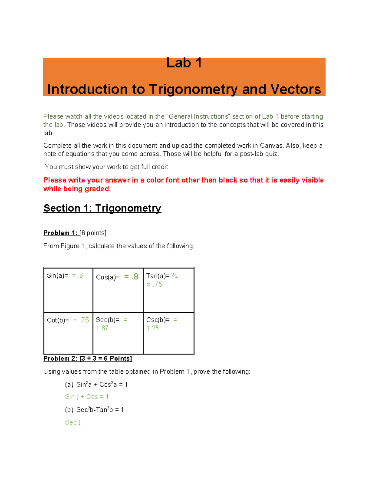 Lab 1 trig - Lab 1 Trigonometry - Lab 1 Introduction to Trigonometry ...
