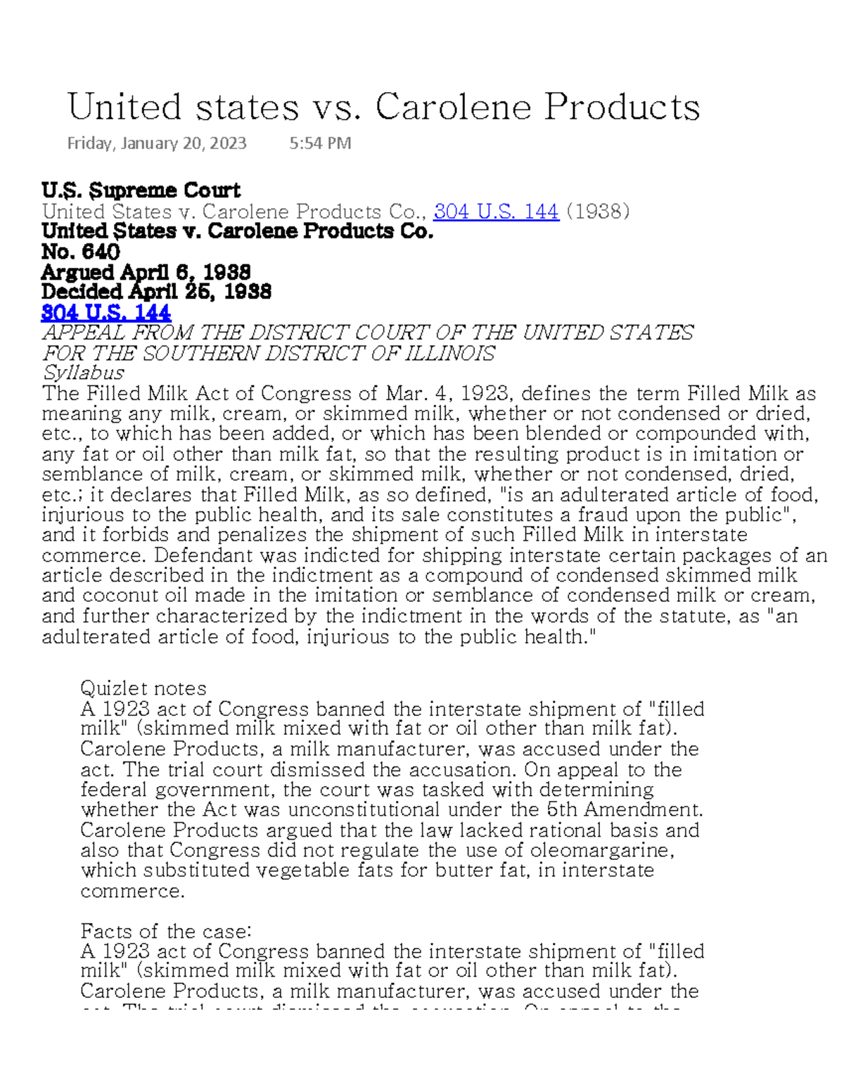 United states vs. Carolene Products - U. Supreme Court United States v ...