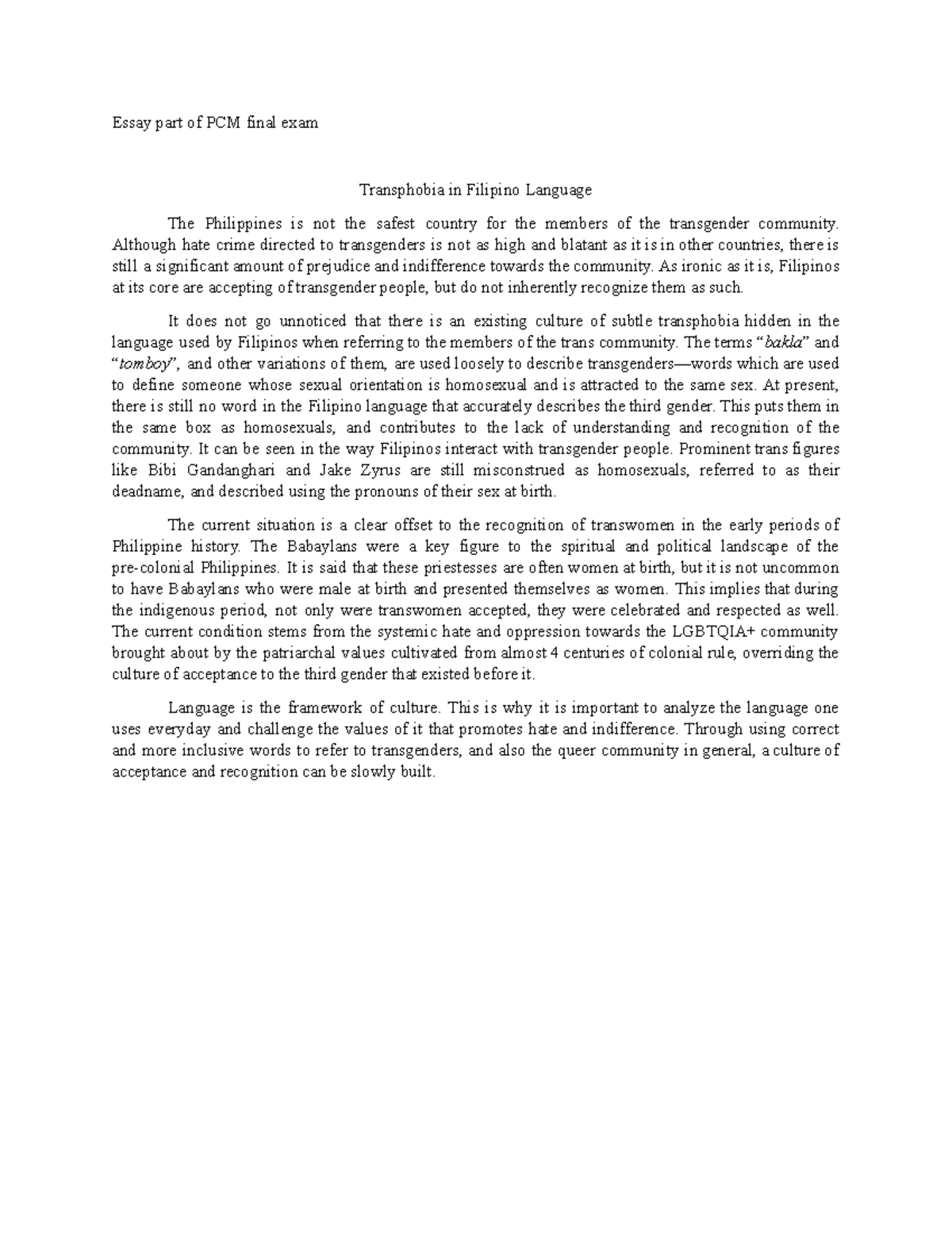 Essay about transphobia in Philippine language - Essay part of PCM ...