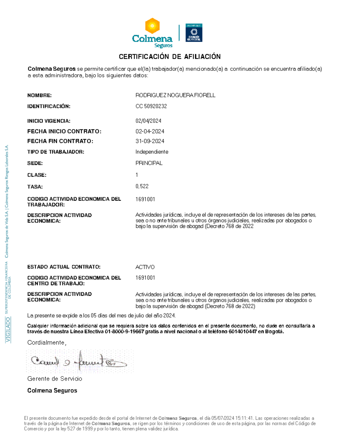 Certificado ARL-pdf - NECESITO EL MODELO PARA UN TRABAJO - CERTIFICACIÓN DE AFILIACIÓN Colmena ...