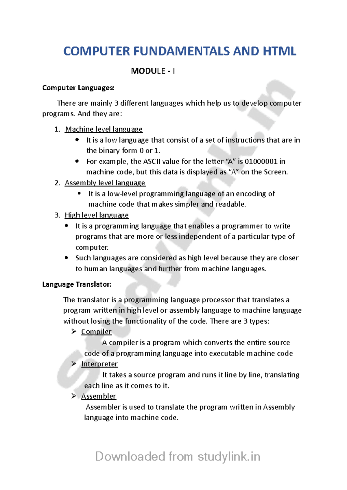 Computer Fundamentals and HTML UNIT 1 studylink - COMPUTER FUNDAMENTALS AND HTML MODULE - I ...