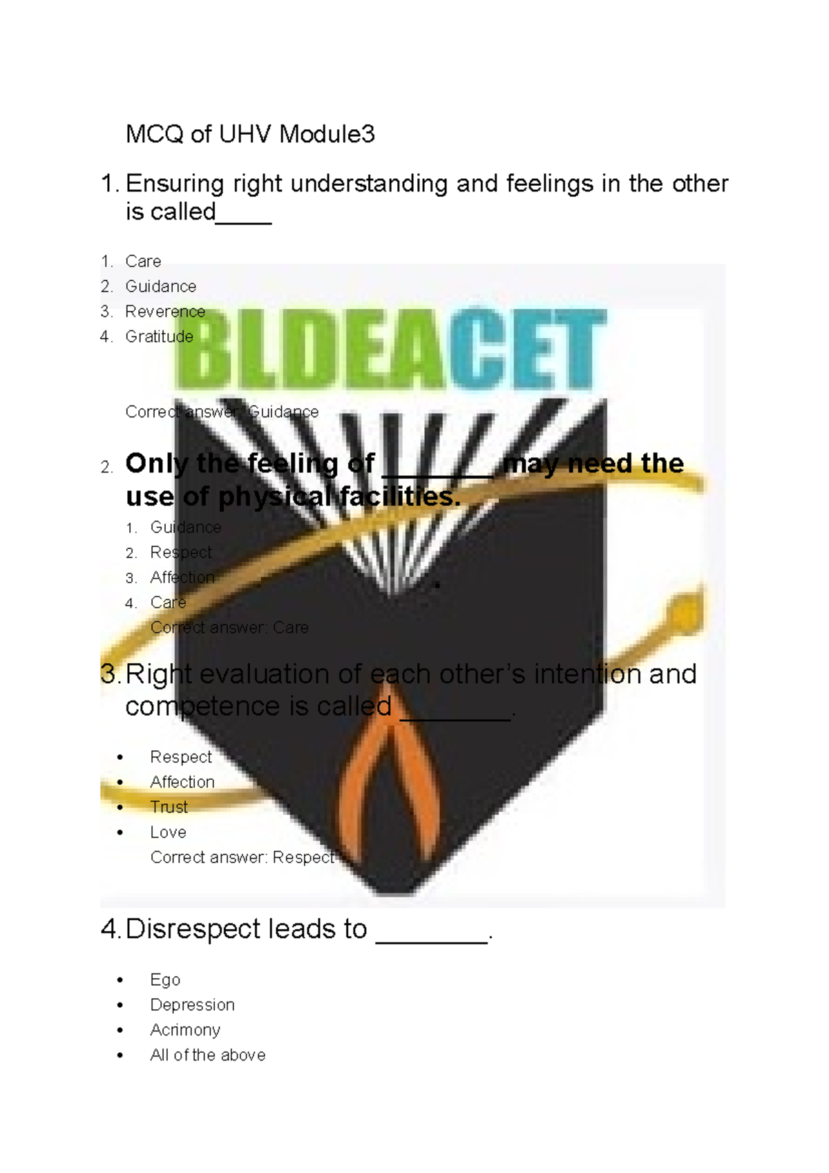 MCQ of UHV Module 3 - MCQ of UHV Module 1. Ensuring right understanding and feelings in the ...