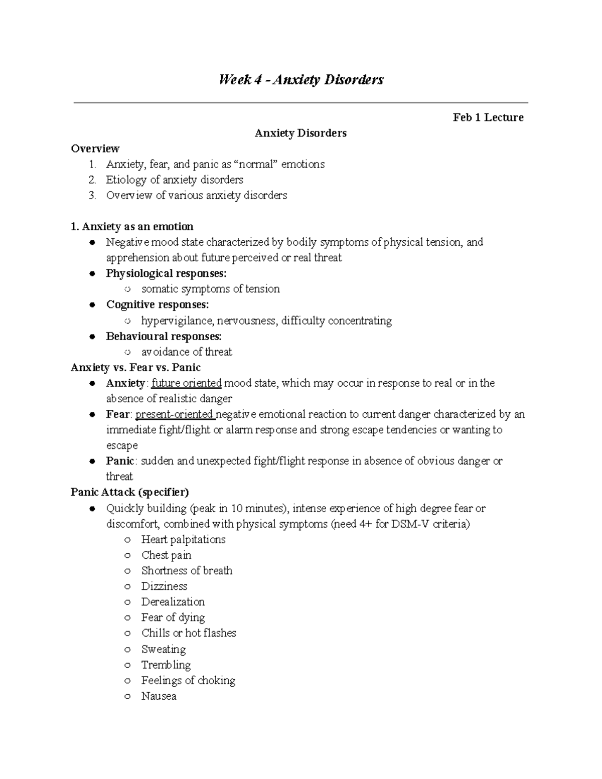Week 4 - lecture notes - Week 4 - Anxiety Disorders Feb 1 Lecture ...