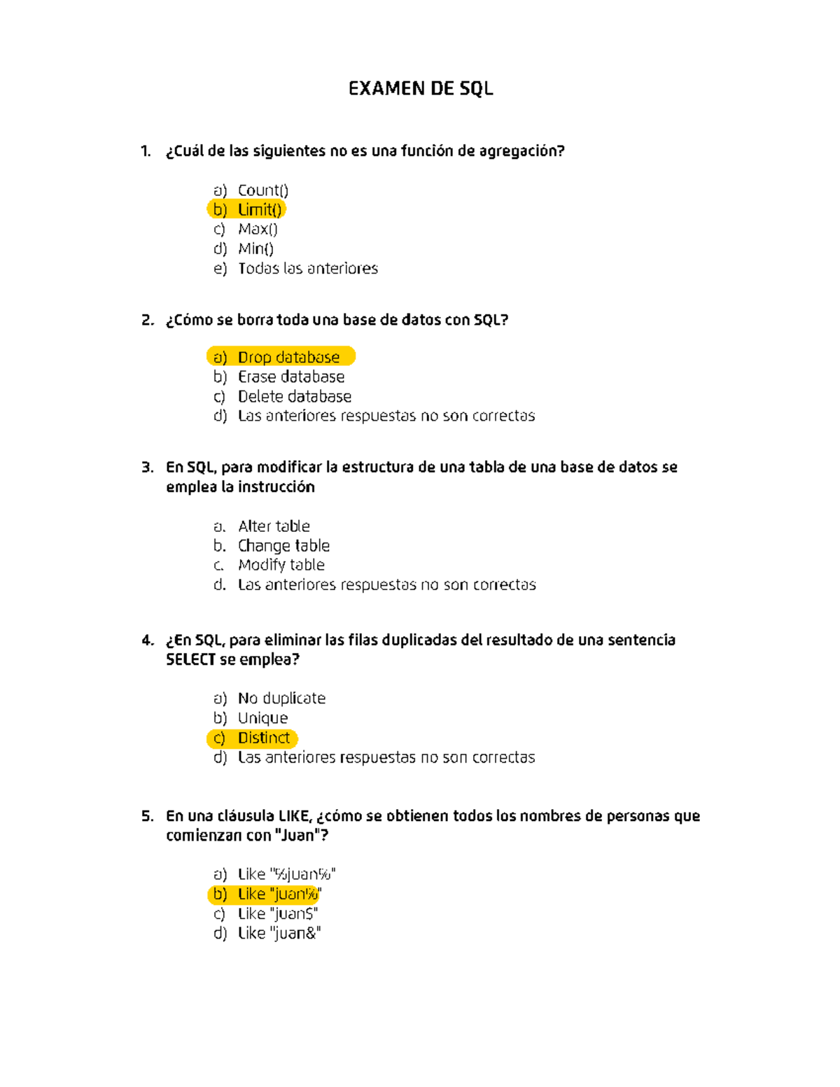 Examen DE SQL Prueba - Base de Datos - Studocu