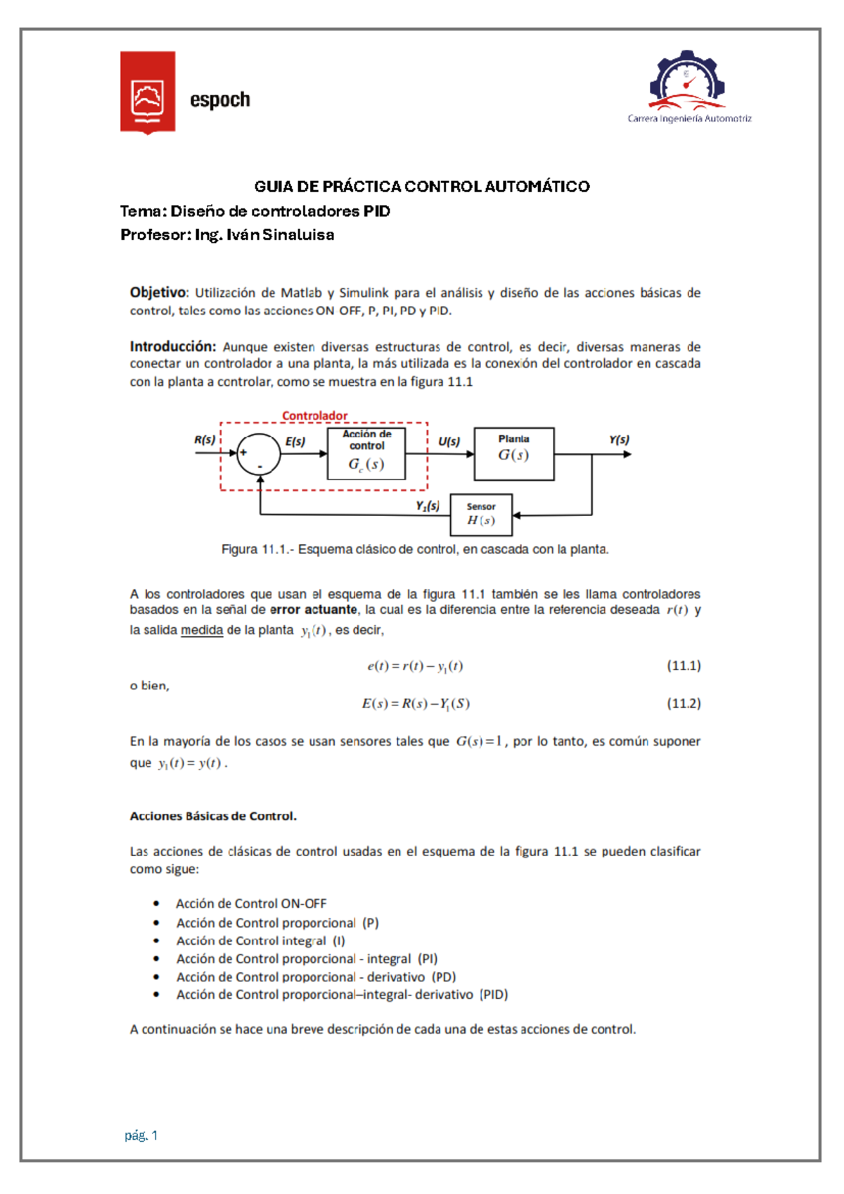 GUIA DE Práctica Control Automático - Sistemas de control - GUIA DE PRÁCTICA CONTROL AUTOMÁTICO ...