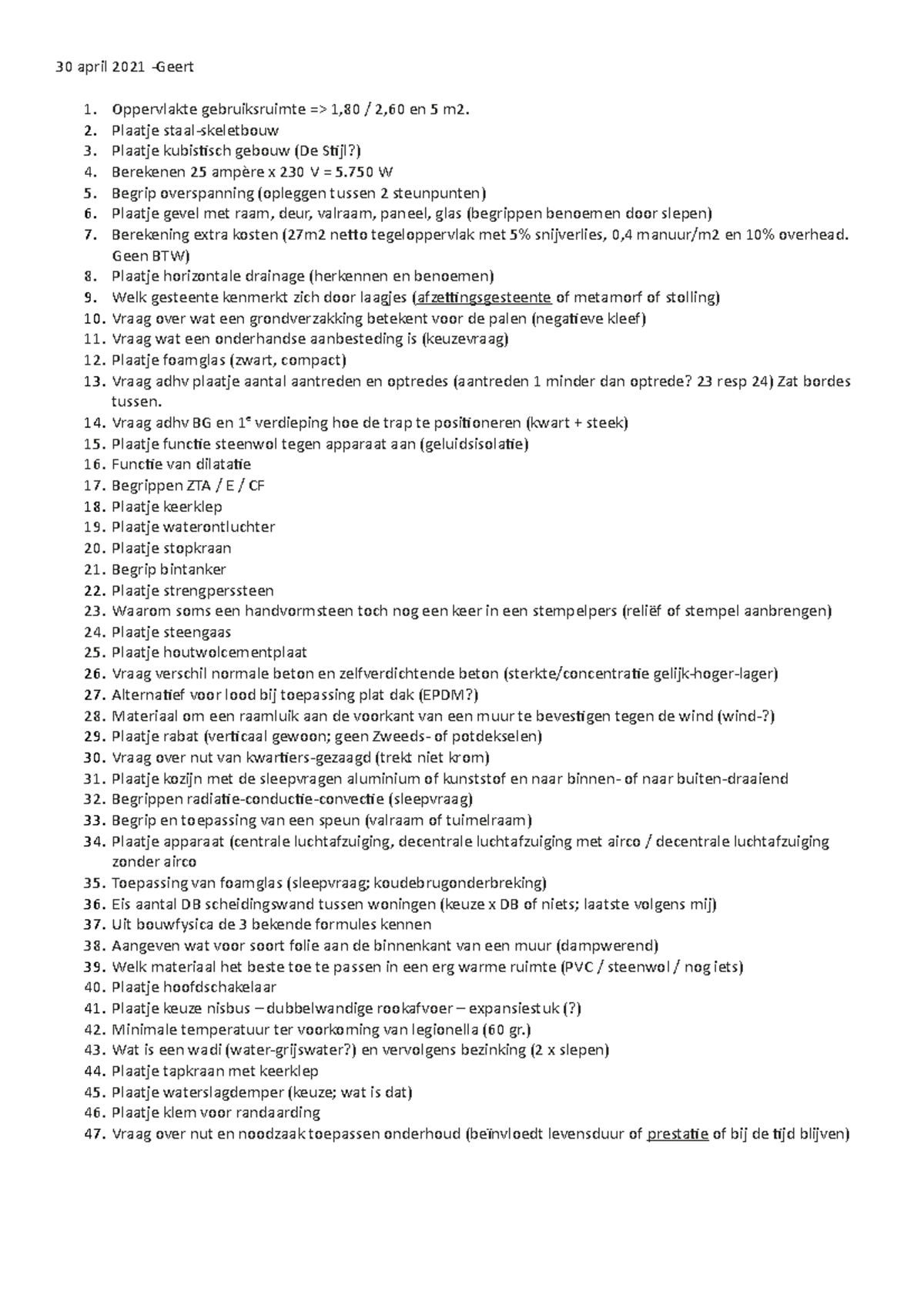 Examenvragen Bouwkunde A 2 - 30 april 2021 -Geert Oppervlakte ...