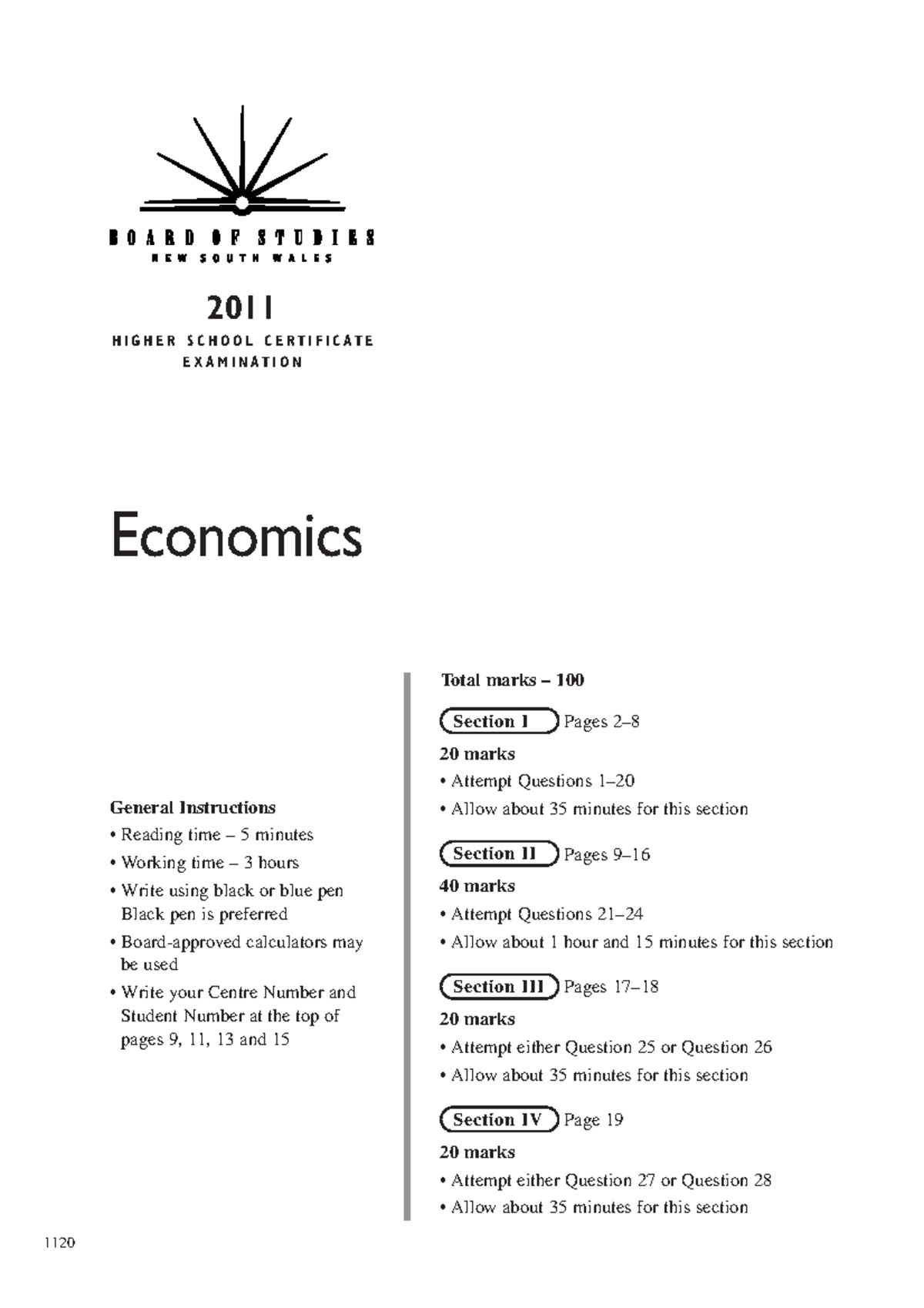 Economics hsc exam 2011 - 2011 H I G H E R S C H O O L C E R T I F I C ...