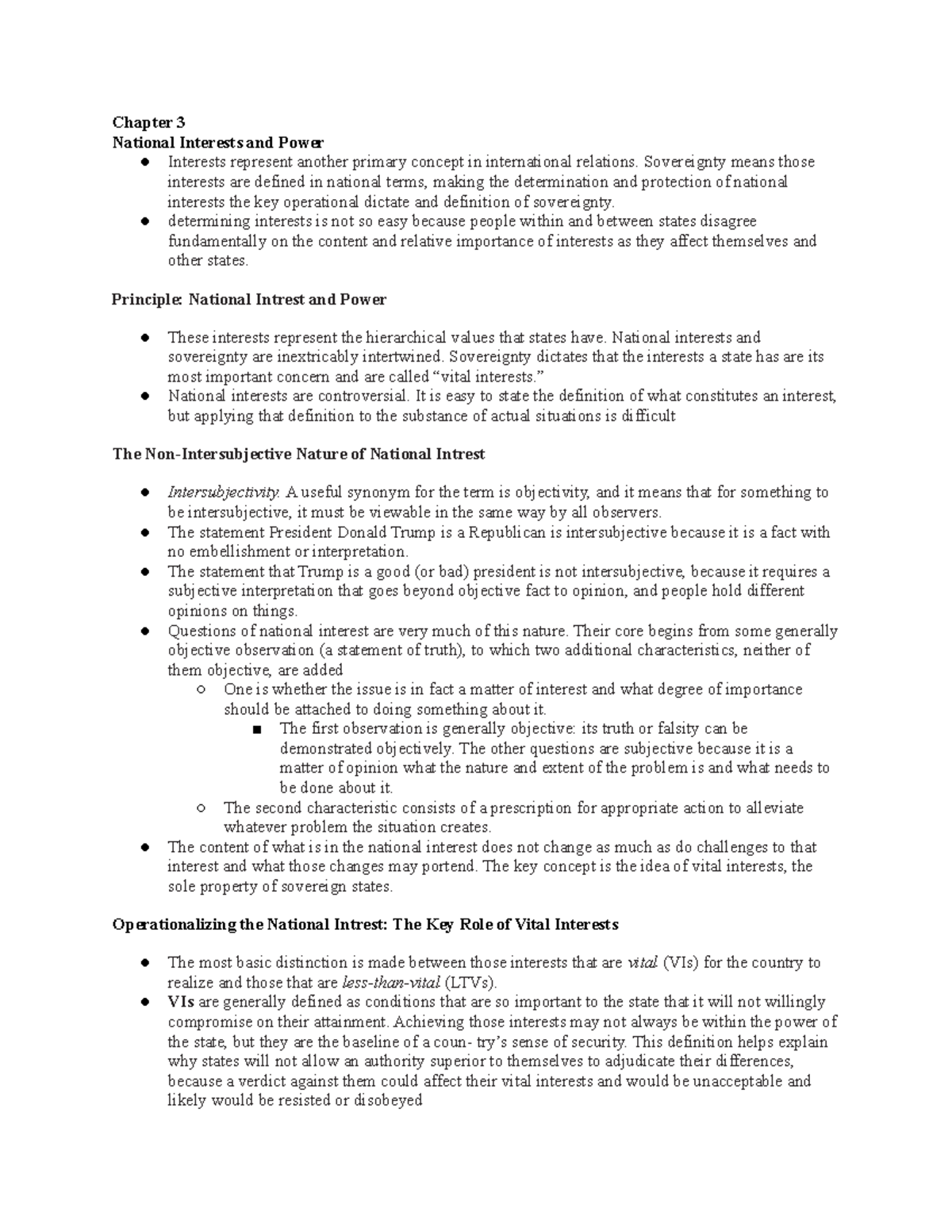 Chapter 3 Notes - Chapter 3 National Interests and Power Interests ...