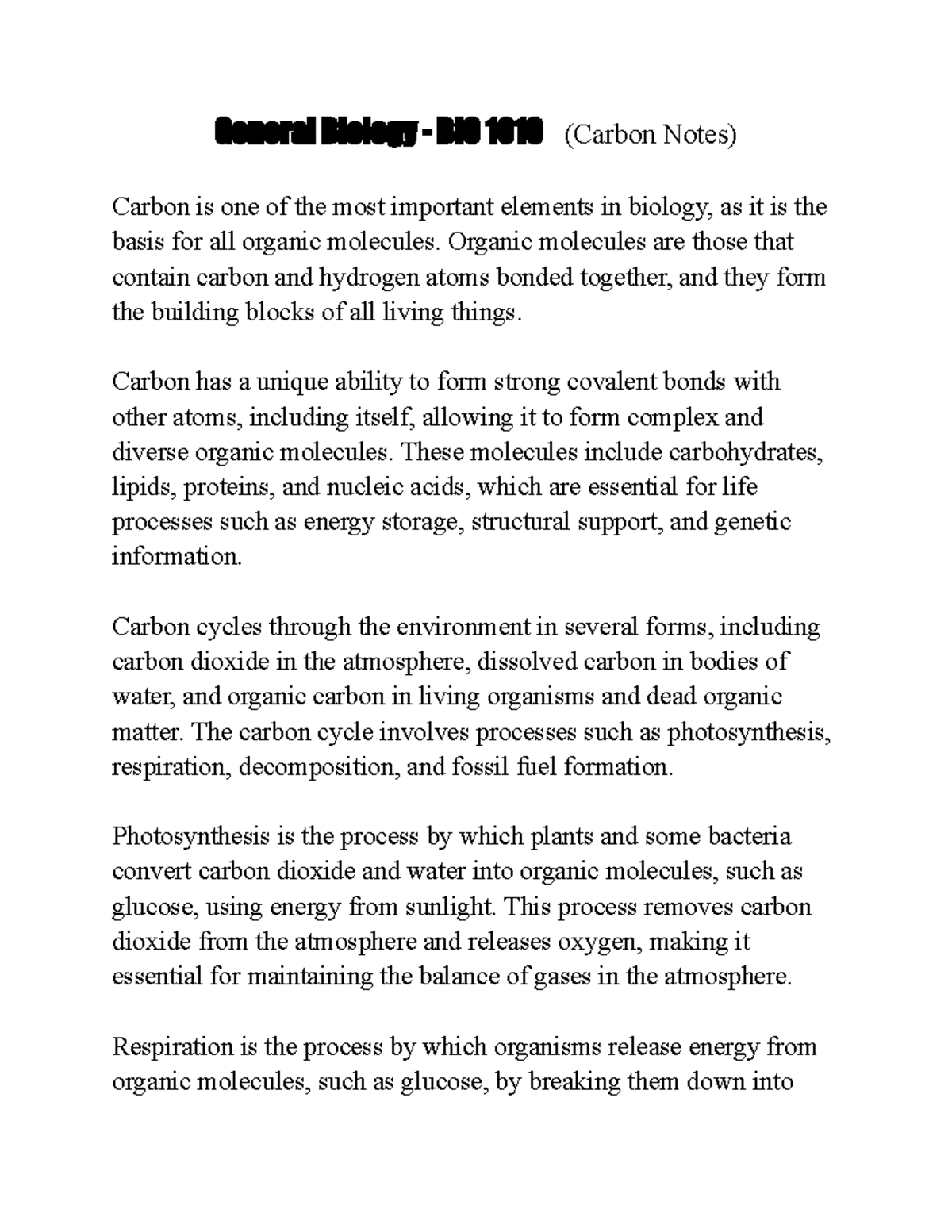 BIO - Carbon Notes - General Biology - BIO 1010 (Carbon Notes) Carbon ...