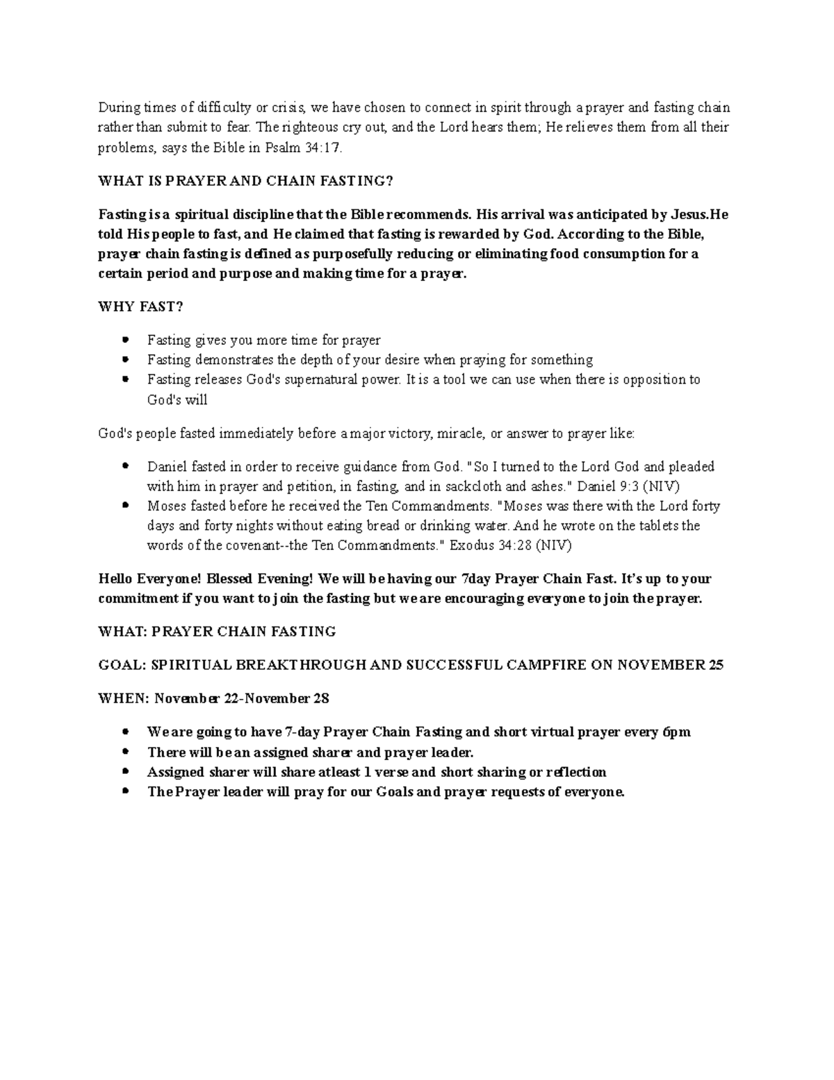 Prayer Chain FAST - notes - During times of difficulty or crisis, we ...