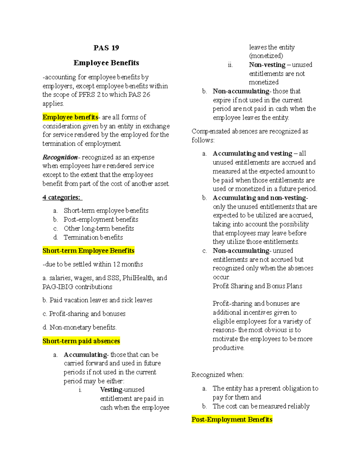 PAS 19 Employee Benefits Summary - PAS 19 Employee Benefits -accounting ...
