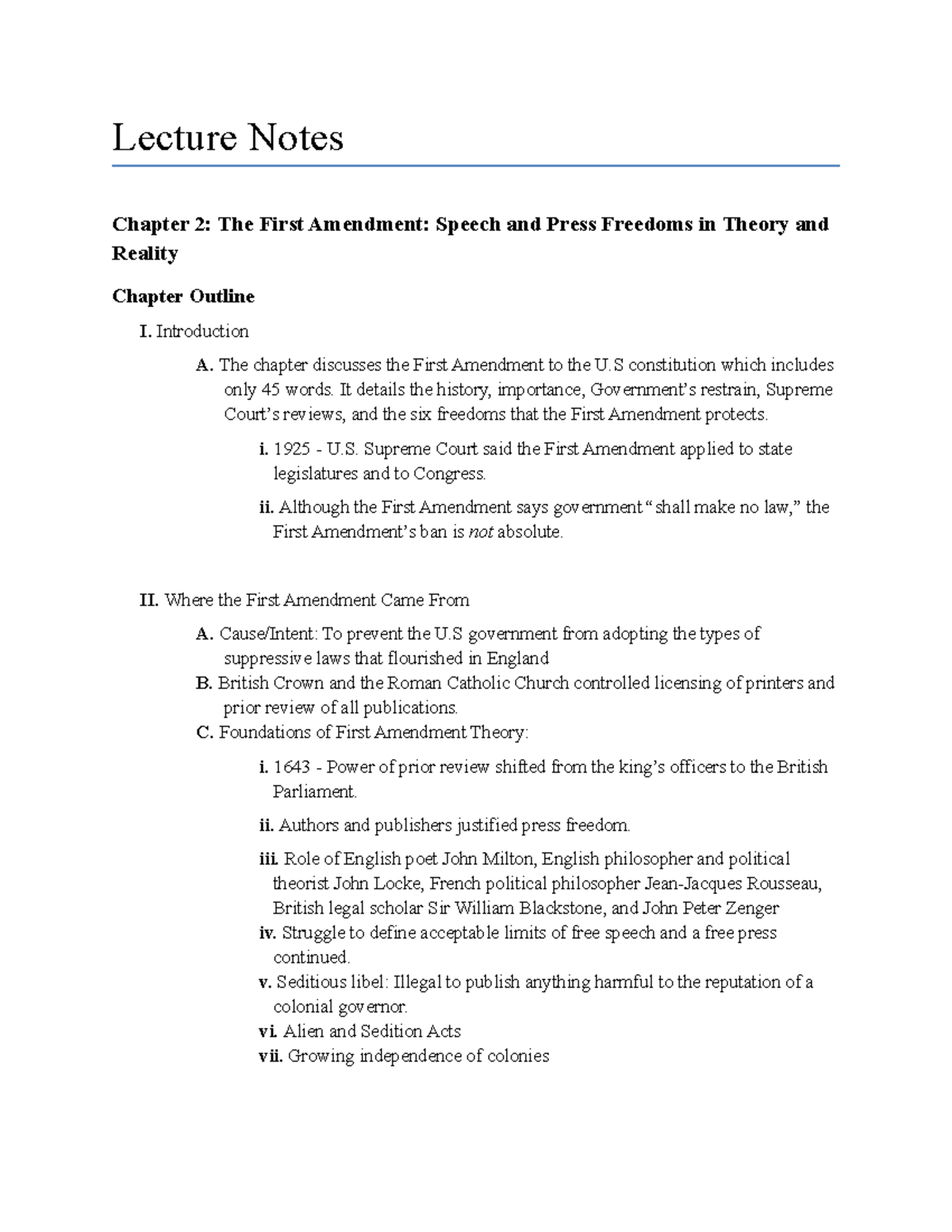 Reading Notes Chapter #2 - Lecture Notes Chapter 2: The First Amendment ...