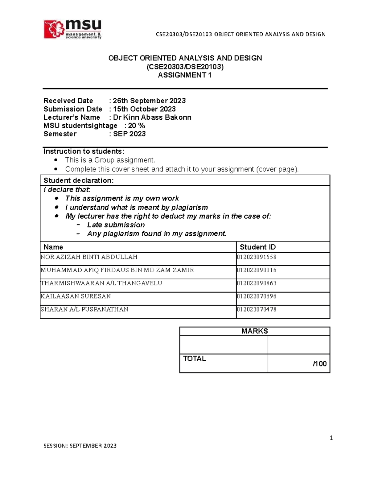 Assignment 1 CSE20303- SEP 2023 - OBJECT ORIENTED ANALYSIS AND DESIGN ...