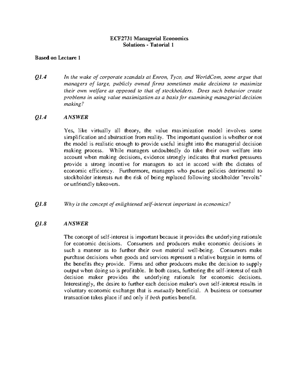 Solutions Tutorial 1 - ECF2731 Managerial Economics Solutions ...