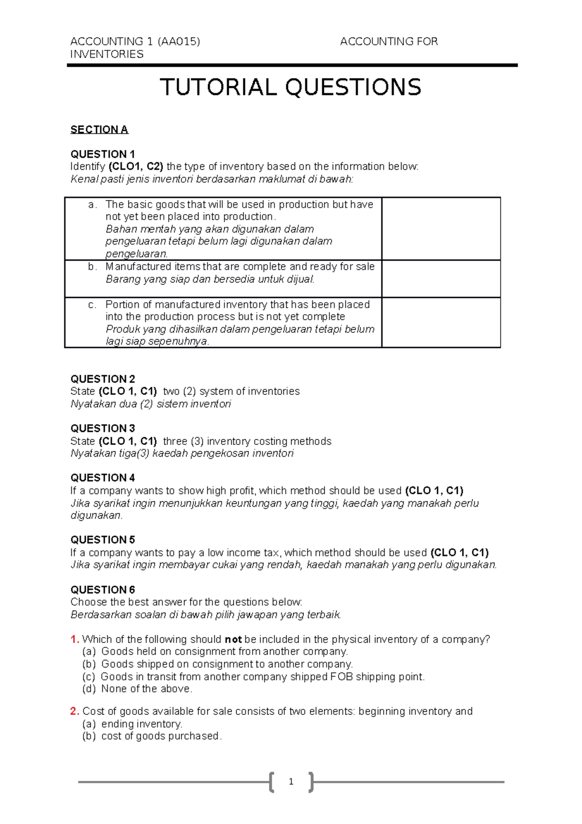 Chapter 8 Tutorial Questions - INVENTORIES TUTORIAL QUESTIONS SECTION A ...