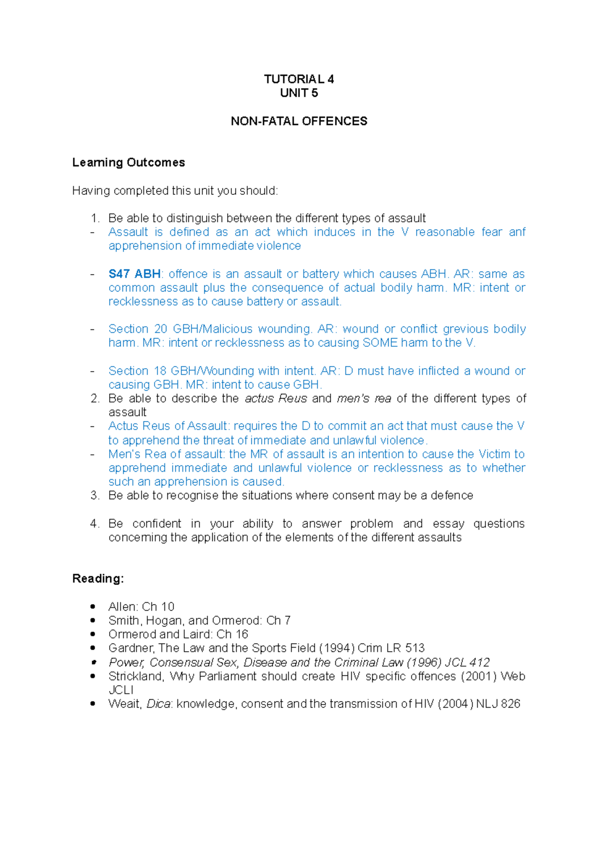 Tutorial 4 - TUTORIAL 4 UNIT 5 NON-FATAL OFFENCES Learning Outcomes ...
