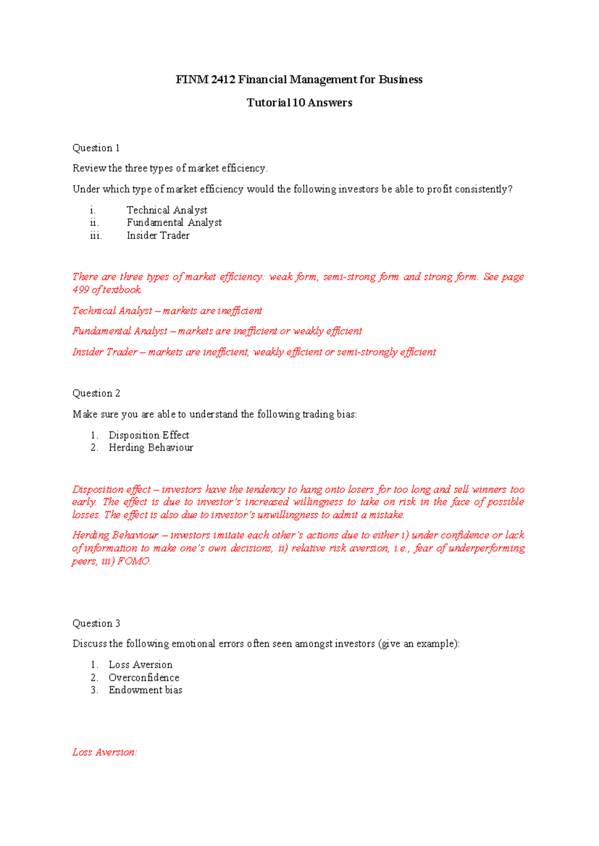 Tutorial 10 Answers - Financial Management - FINM 2412 Financial Management for Business ...