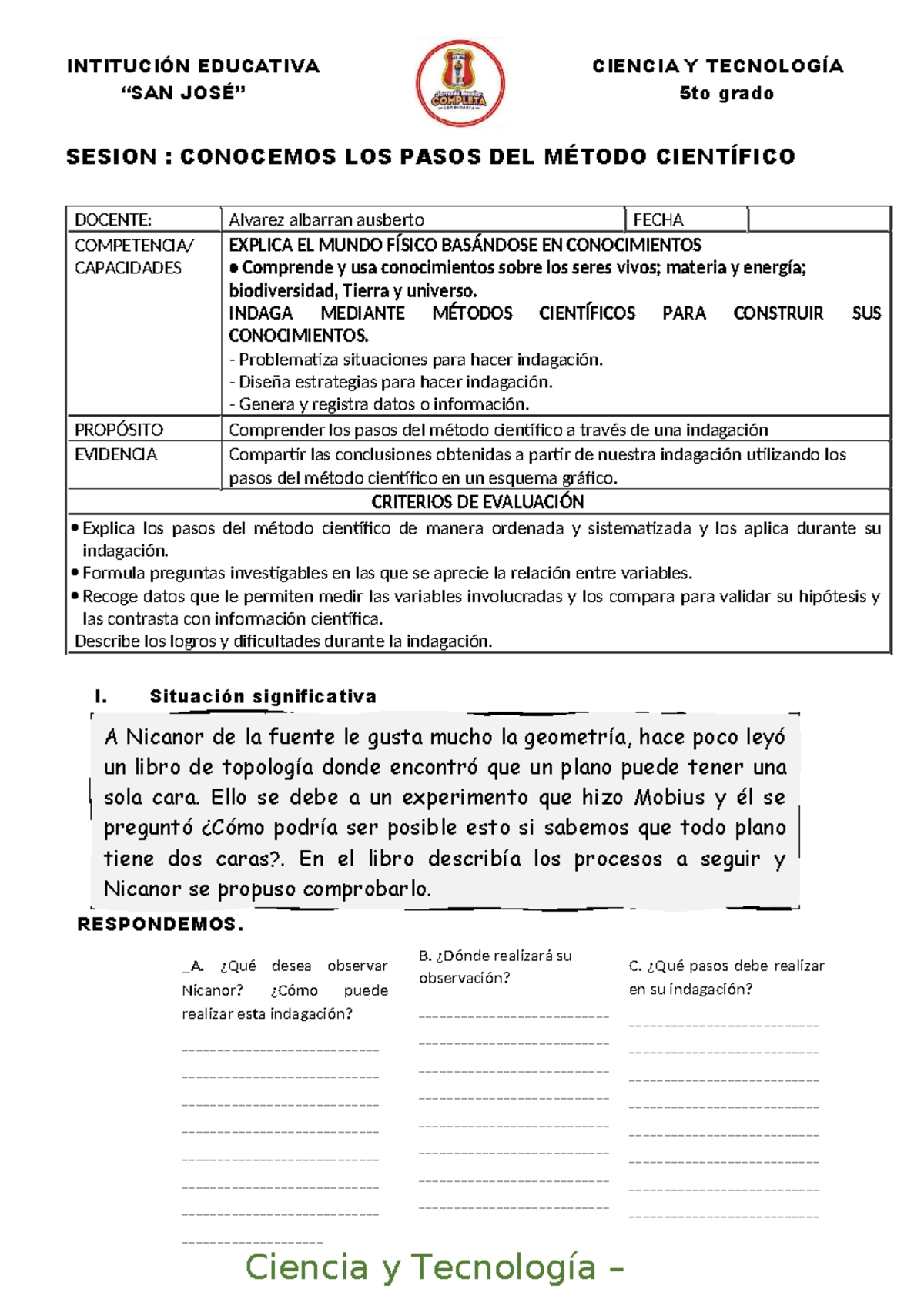 Sesion Método Cientifico - 1 INTITUCIÓN EDUCATIVA CIENCIA Y TECNOLOGÍA ...