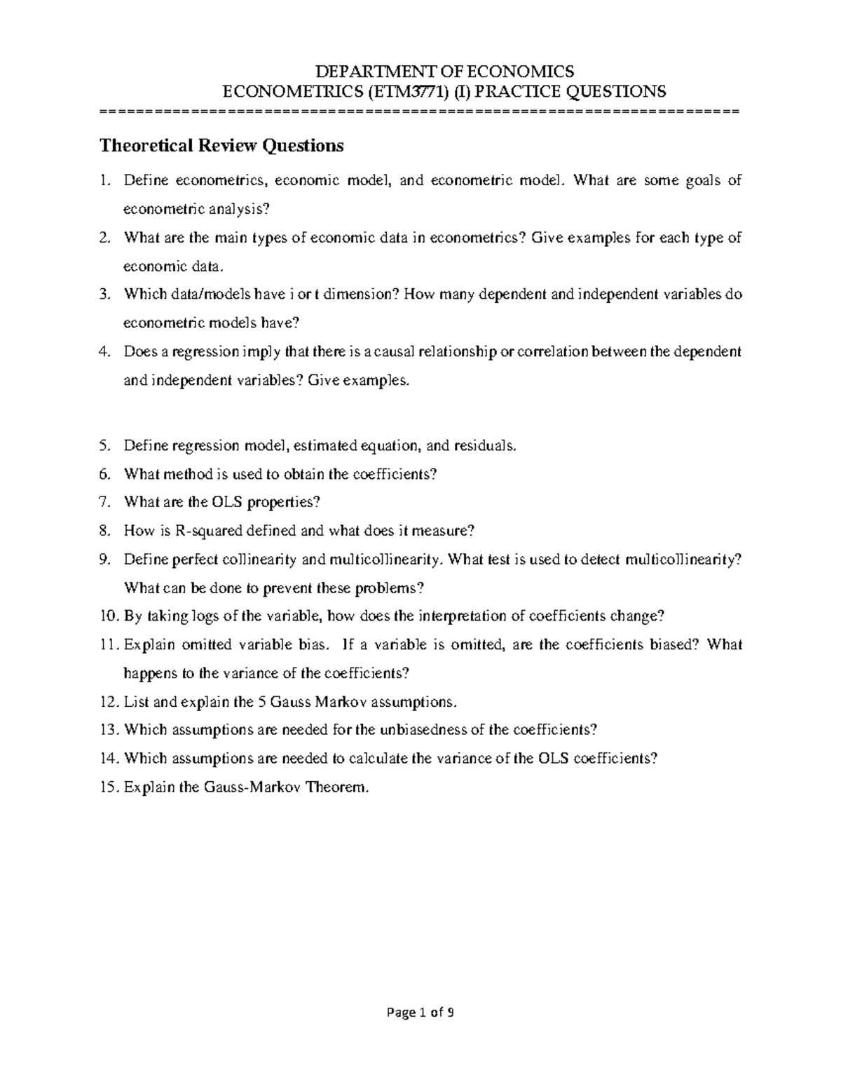 Etm3771 Practice Questions Department Of Economics Econometrics