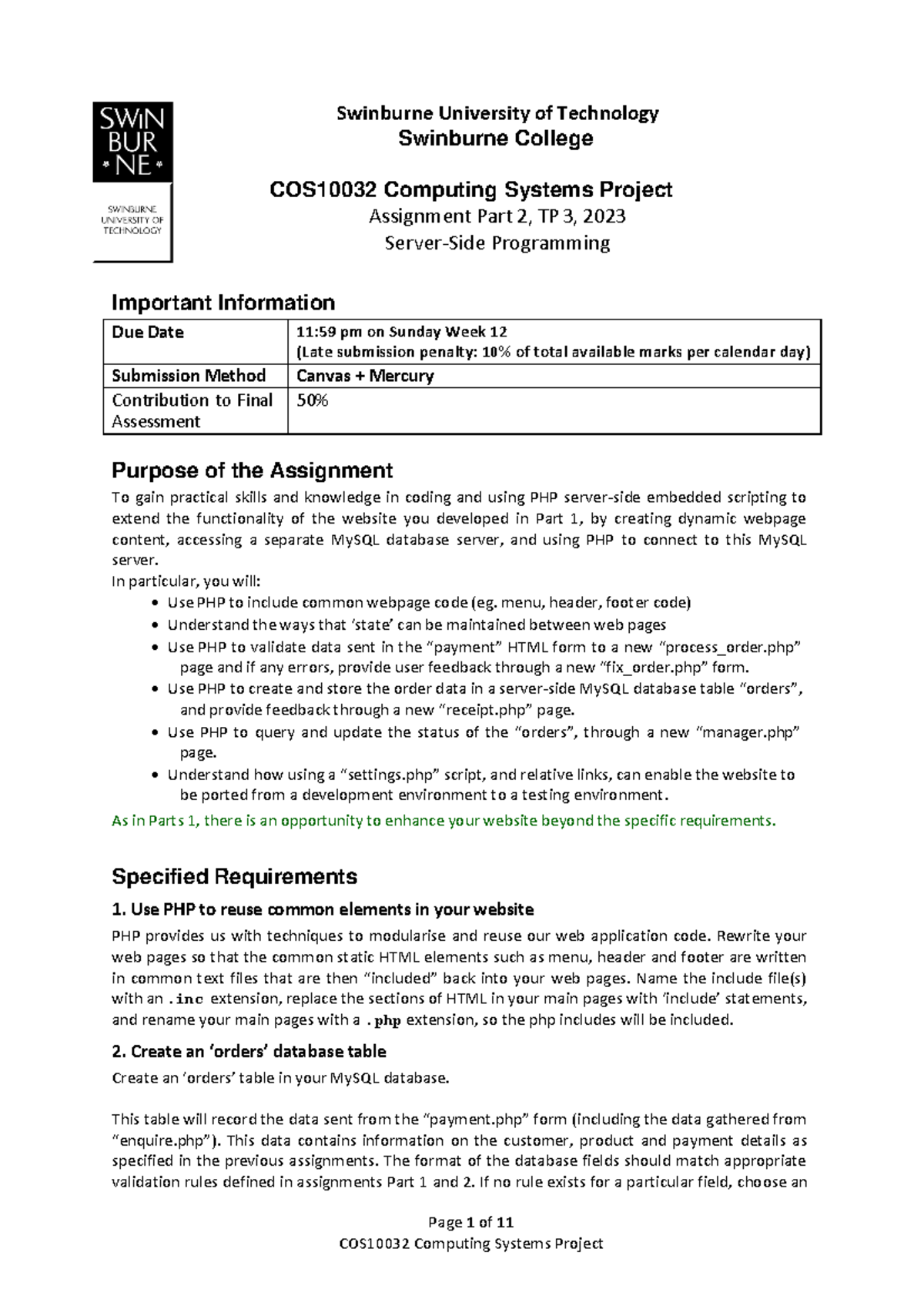 COS10032 ASS02 - lecture - Page 1 of 11 COS10032 Computing Systems Project Swinburne University ...