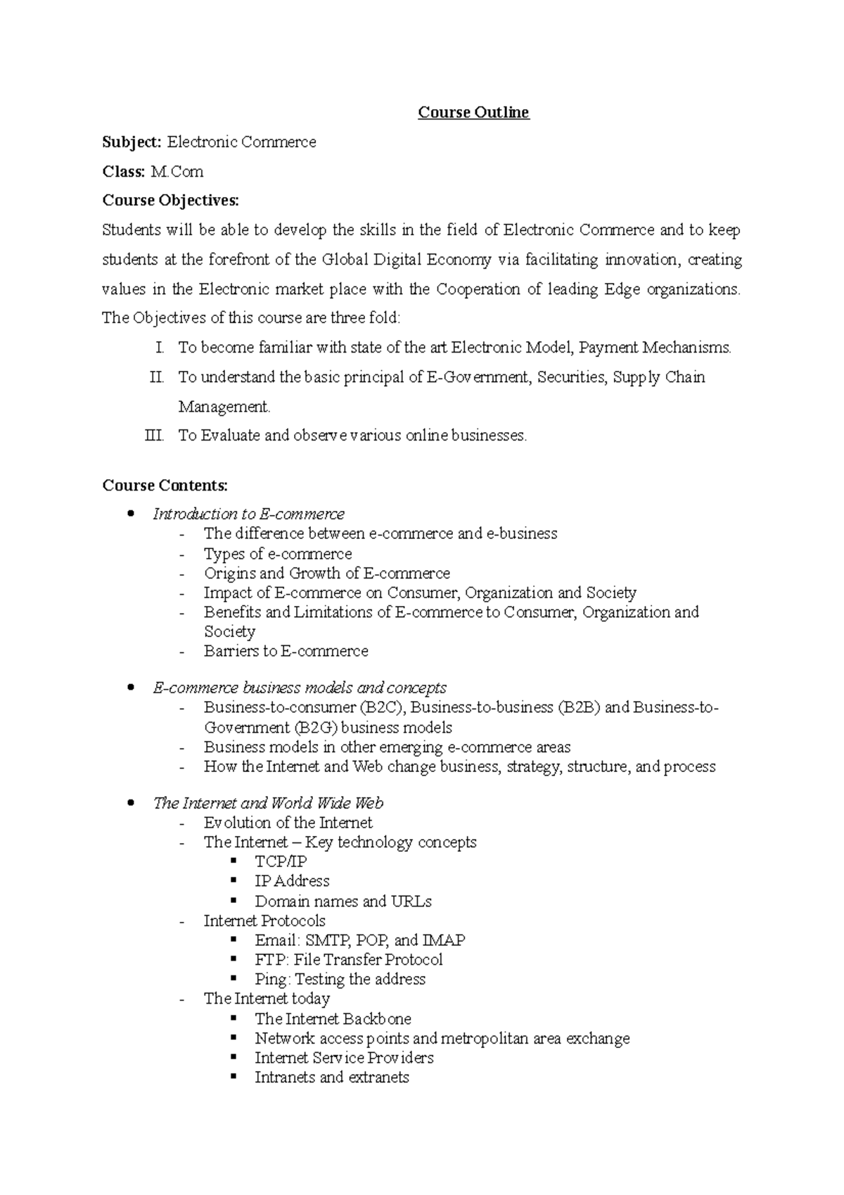 II 4ECommerce - practice - Course Outline Subject: Electronic Commerce ...