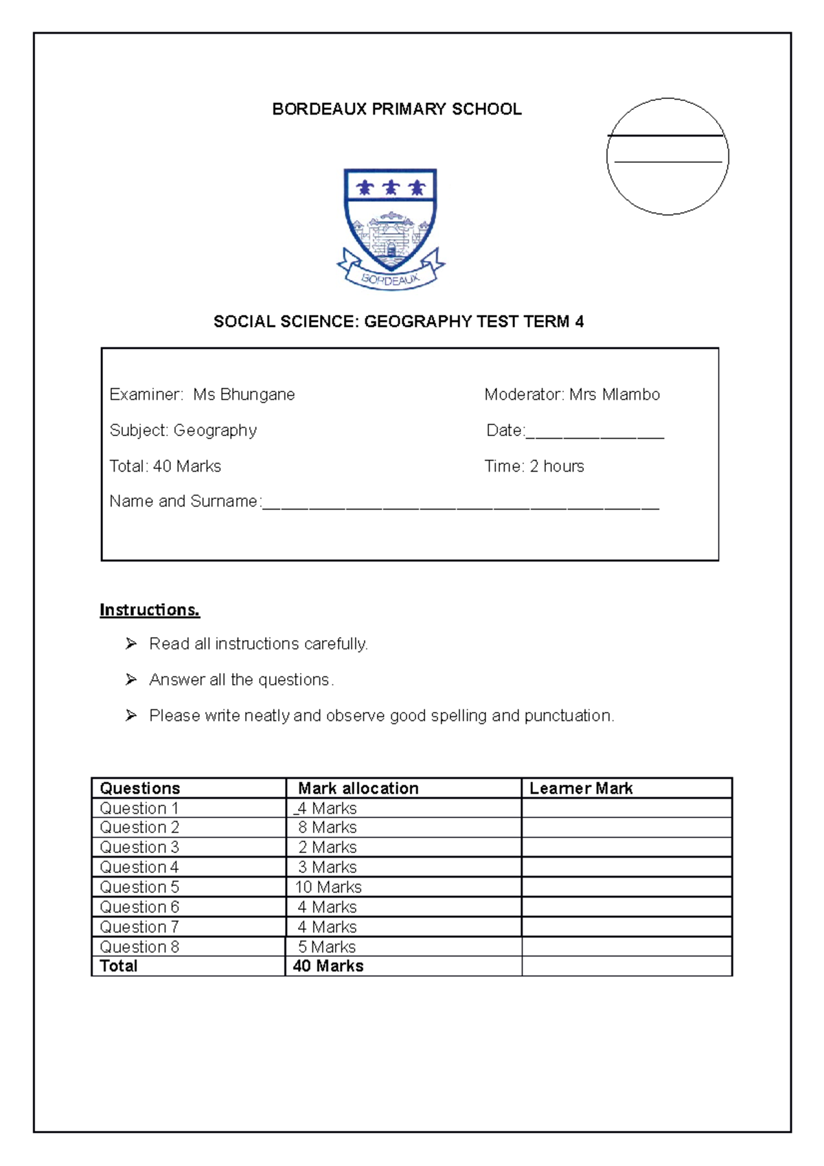 Geography test term 4 - Im working as a teacher now. - BORDEAUX PRIMARY ...