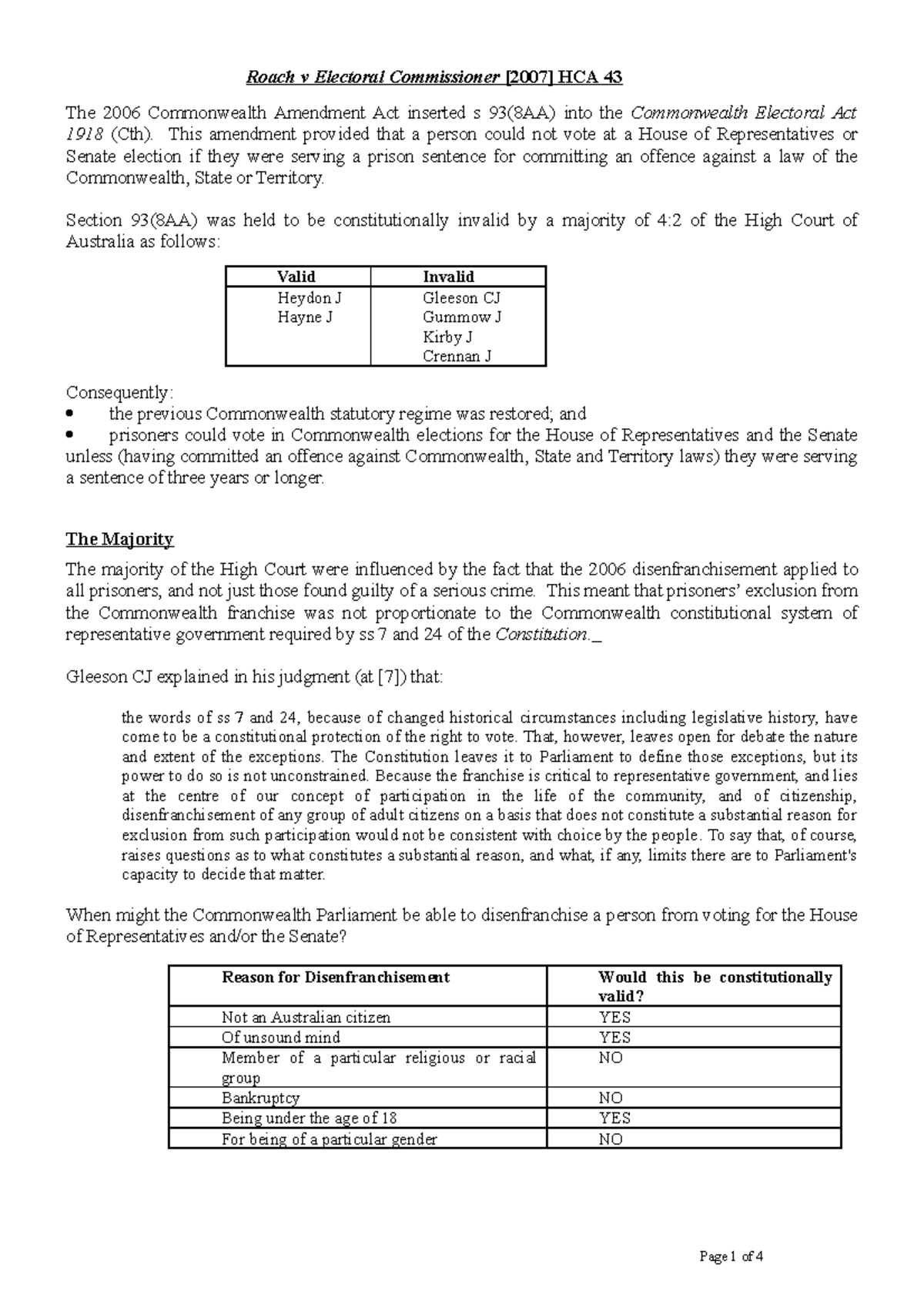 Roach and Rowe - Case Summaries - Roach v Electoral Commissioner [2007 ...