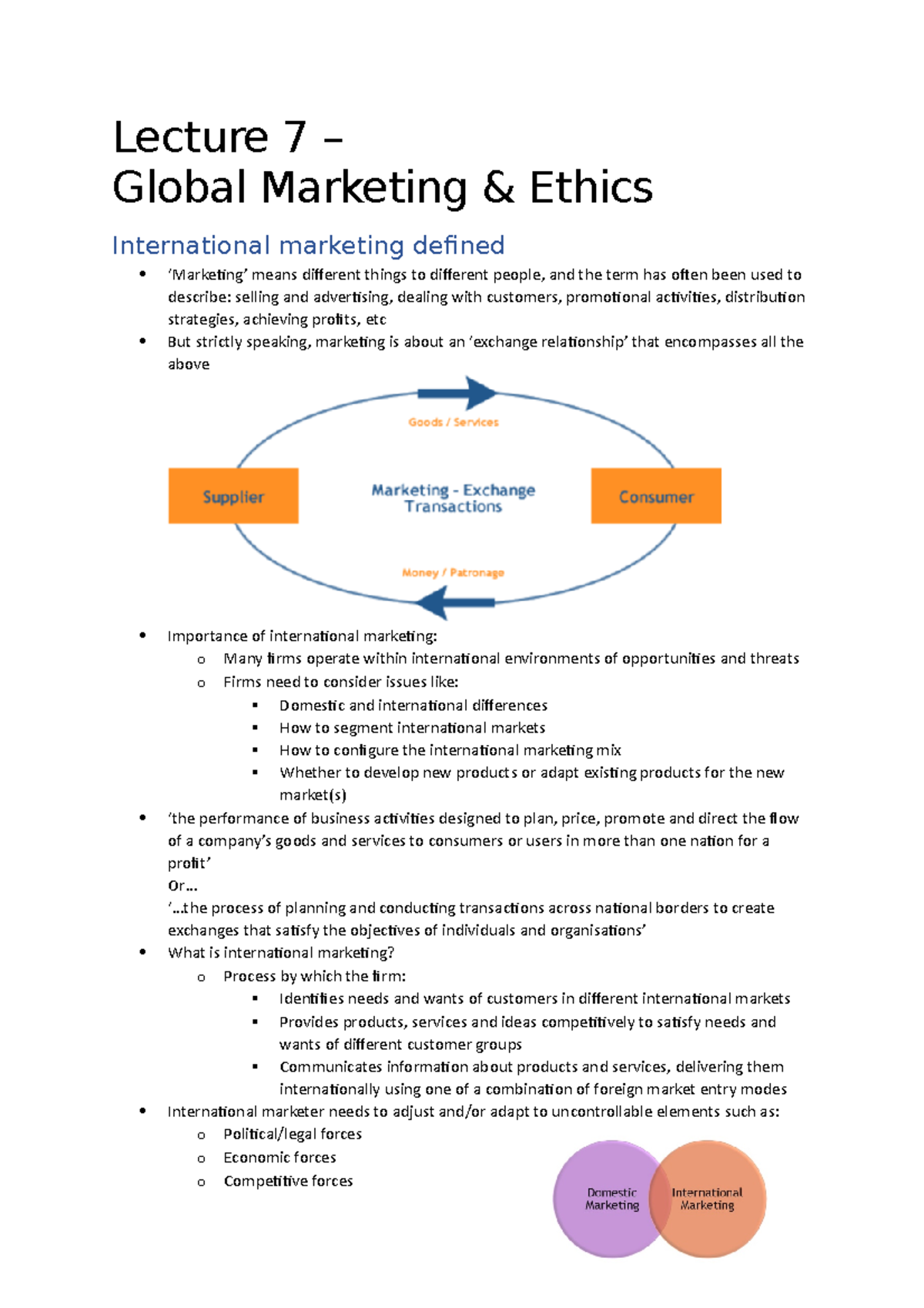 Lecture 7 notes - Lecture 7 – Global Marketing &amp; Ethics ...