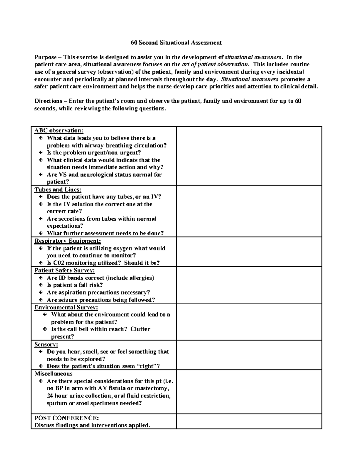 60 Second Assessment Assignment - 60 Second Situational Assessment ...