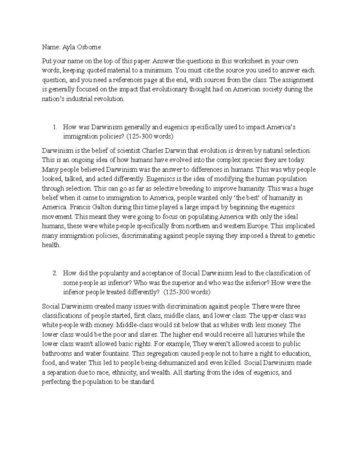 Darwinism and American Society Worksheet - Name: Ayla Osborne Put your ...